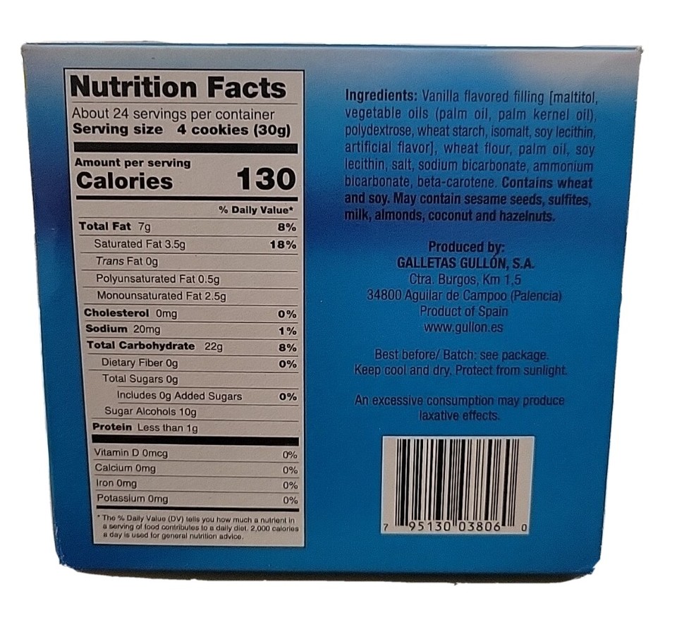 GULLON Sugar Free Trans Fat Free Vanilla Wafer 1 Box-12 pks (1 Pound ...