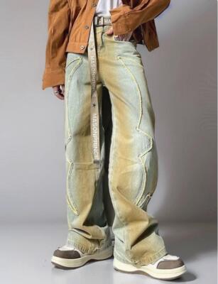 Men's Retro Yellow Blue Denim Straight Leg Mixed Color Punk Boy Casual ...