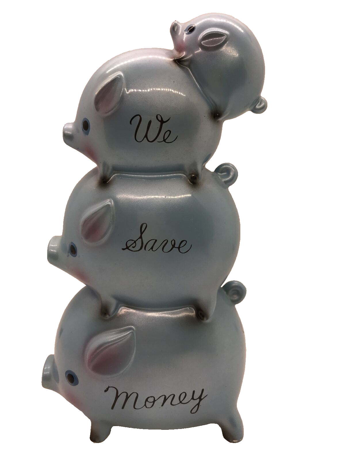 Vtg Piggy Bank “We Save $” Blue Pigs Pigging Backing. No Stopper 9x5 ...