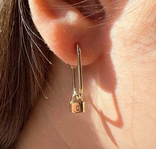 Gold Padlock Dangle Earring, Gold Rectangular Hoop Earring, Lock ...