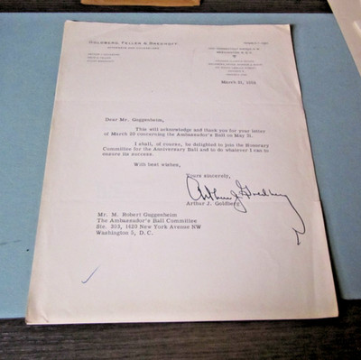 1958 Supreme Court Justice Arthur Goldberg Autograph Signed Letter ...