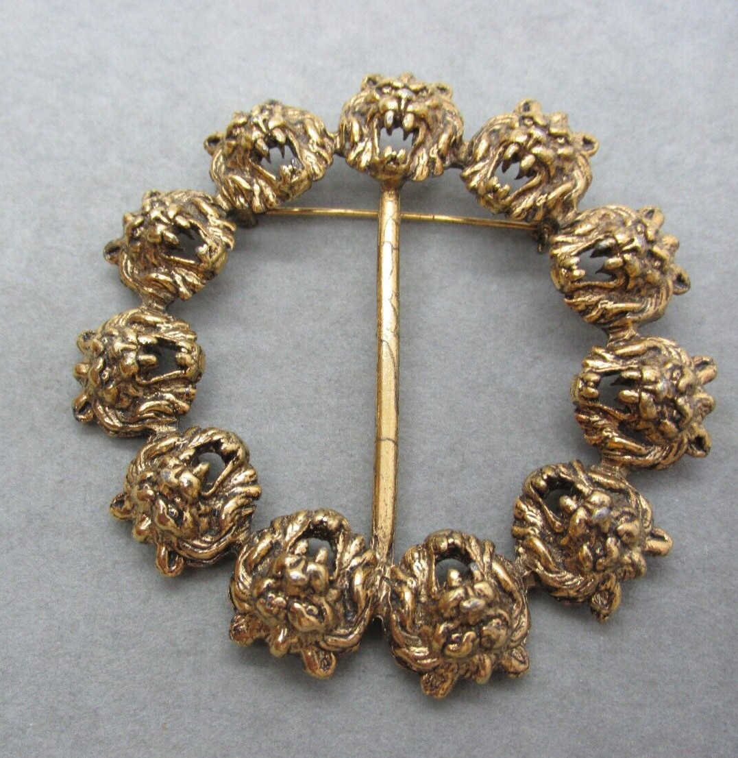 Vintage HUGE Griffin Lion Head Gold Brooch Scarf Slid… - Gem