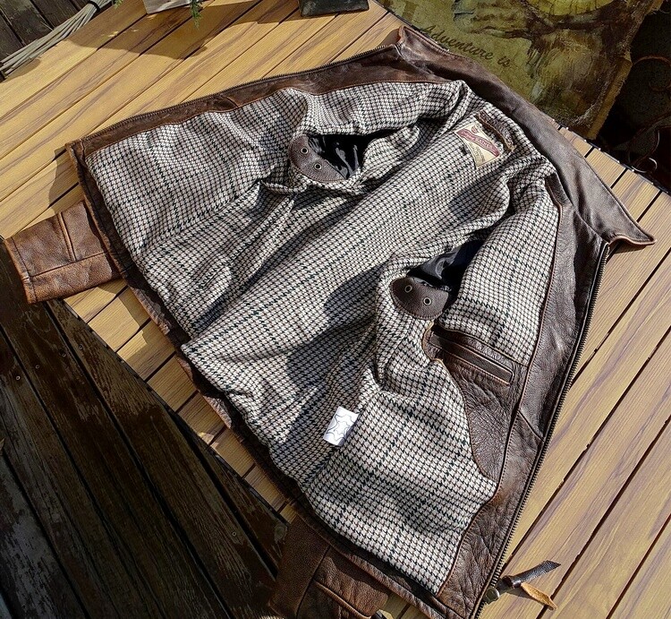 Mens Vintage Style Tea-core Cowhide Leather Jacket Embroidery Washed ...