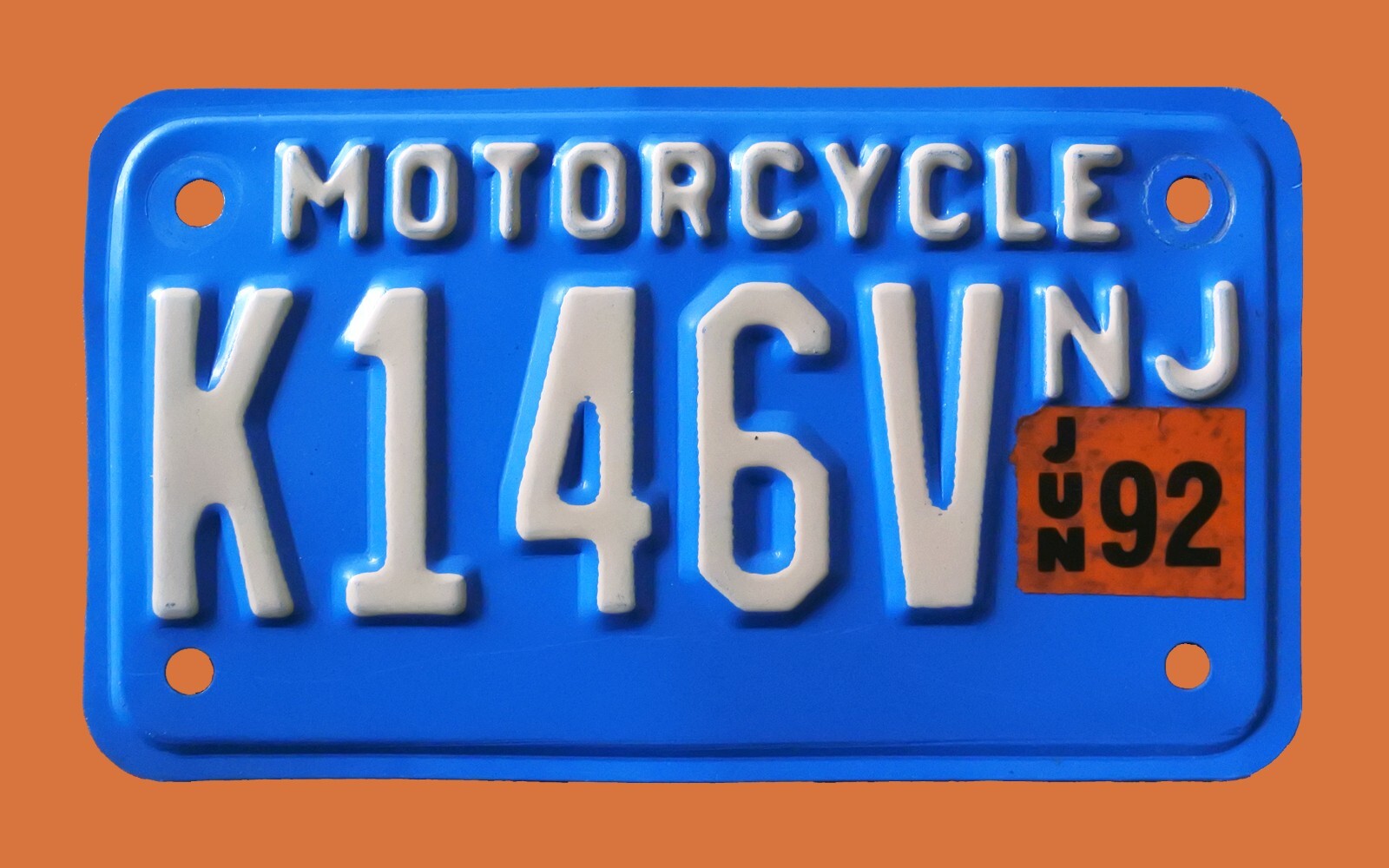 1992 NEW JERSEY BUFF ON BLUE MOTORCYCLE CYCLE LICENSE PLATE " K 146 V ...