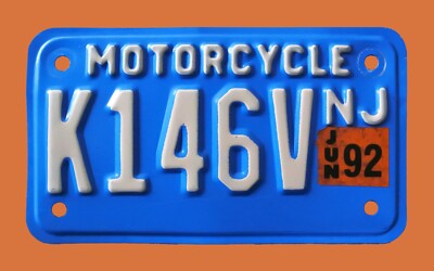 1992 NEW JERSEY BUFF ON BLUE MOTORCYCLE CYCLE LICENSE PLATE " K 146 V ...