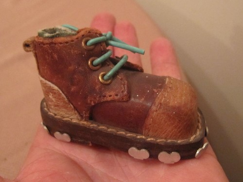 antique handmade sewn quality leather metal mini miniature shoe work ...