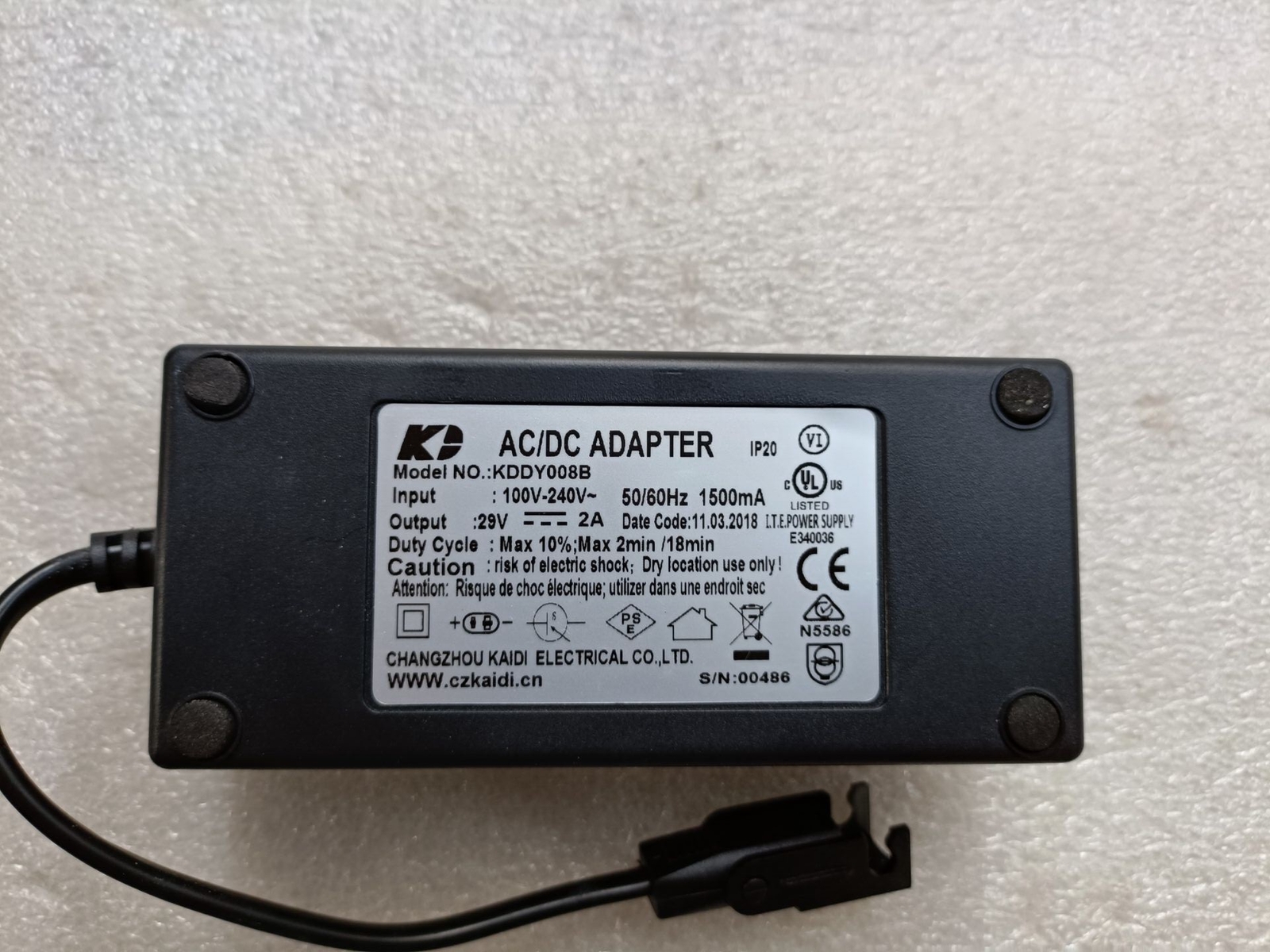 Genuine OEM KAIDI KDDY008B AC/DC Adapter 29V 2A Power Supply Recliner ...