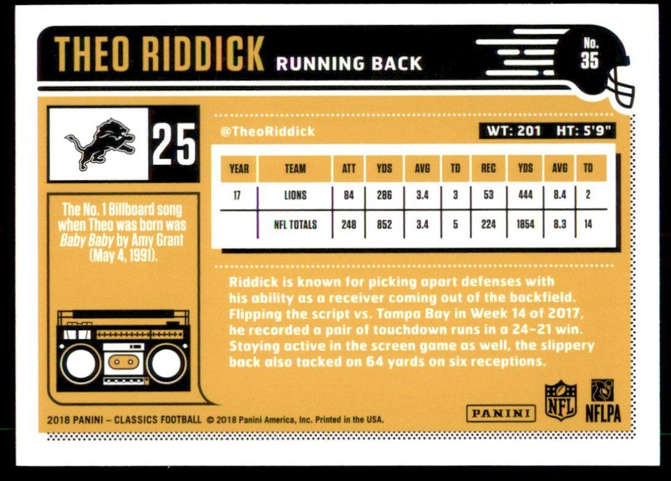 2018 Classics Detroit Lions Football Card #35 Theo Riddick | eBay