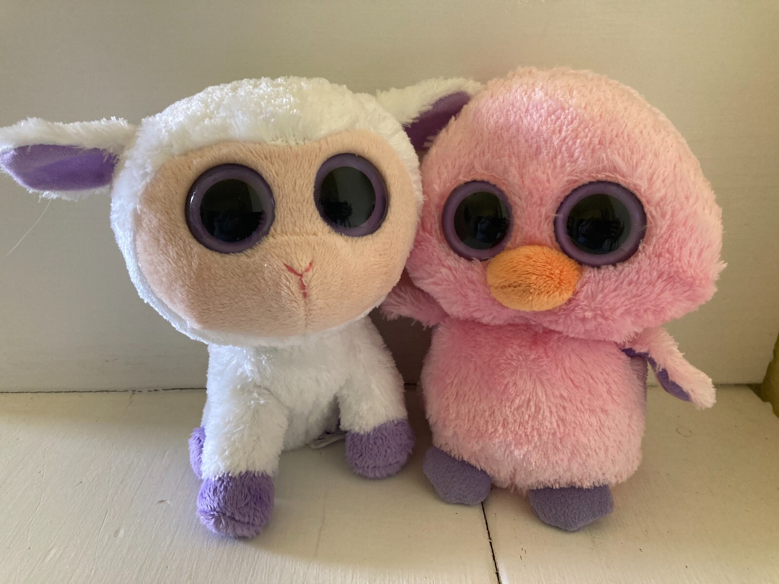 TY BEANIE BABY BOOS White Lamb CLOVER & Pink Chick POSY 6" Plushes Lot ...