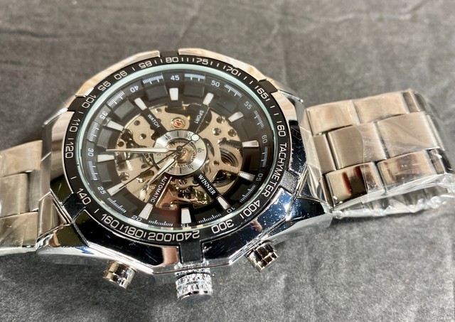 Winner TM340 Men's Silver Stainless Steel Analog Automatic Black Dial ...