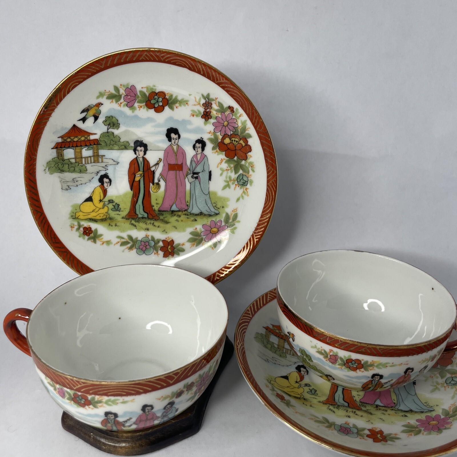 Pair of Japanese Porcelain Tea Cups and Saucers Geisha Birds Pagoda ...
