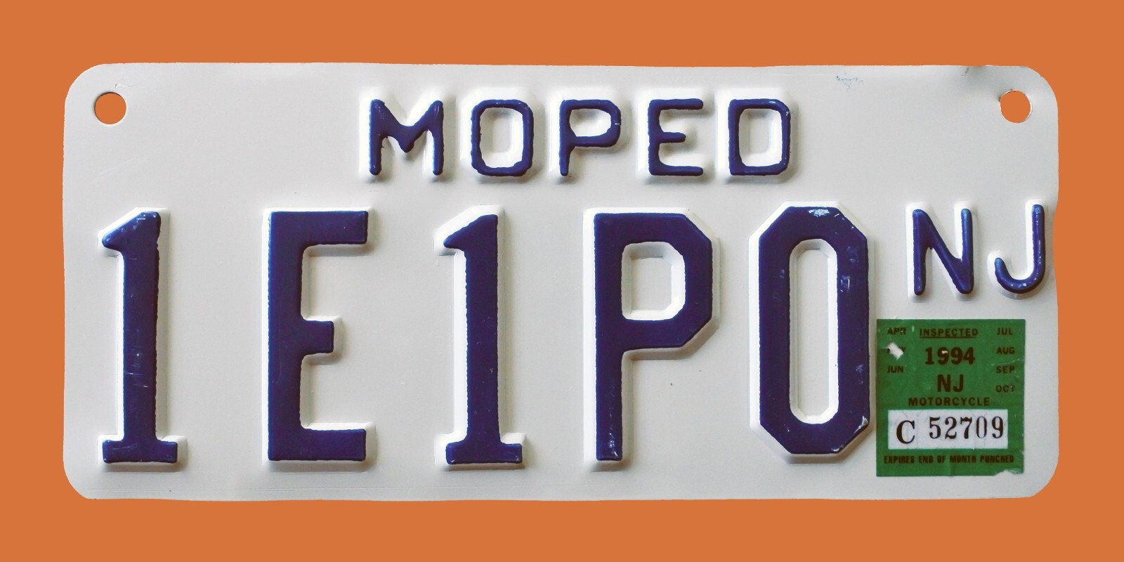 1994 NEW JERSEY MOPED MOTORCYCLE CYCLE LICENSE PLATE " 1E1PO " NJ 94 1 ...