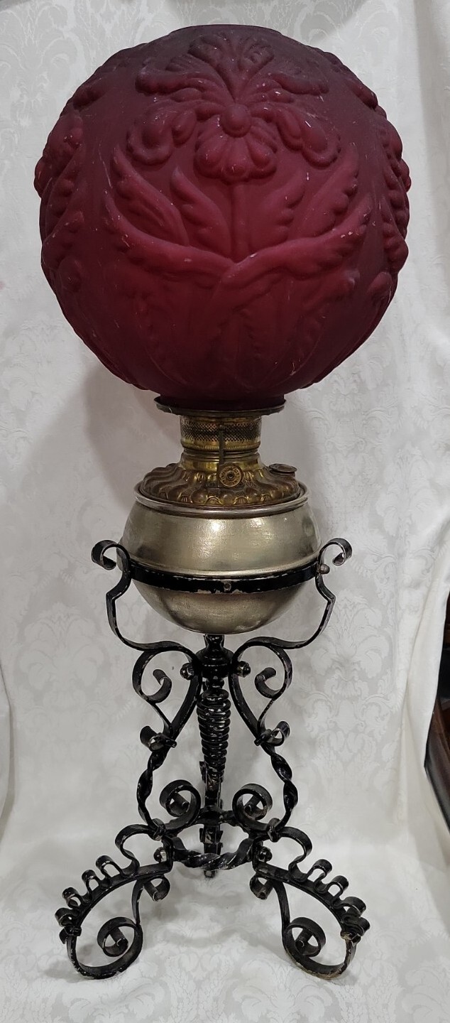 VICTORIAN GWTW OIL LAMP CONSOLID IRIS RUBY RED GLOBE & WROUGHT IRON ...