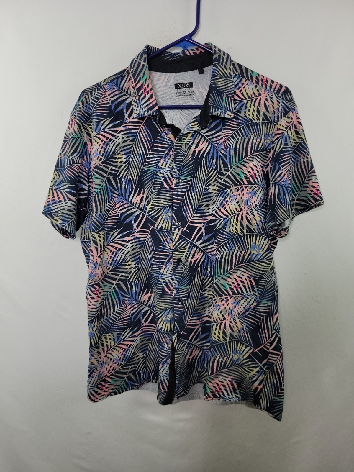 XIOS Blue Floral Short Sleeve Button Up Cotton Stretch Shirt Men's Size ...