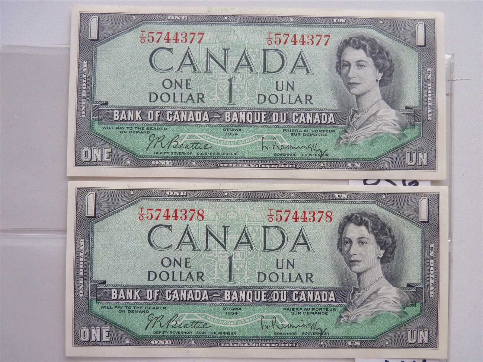 CANADA BANKNOTE 1954 1 DOLLAR high grade SEQUANCE SERIAL NUMBER NO864 ...