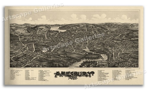 Bird's Eye View 1890 Amesbury Massachusetts Vintage Style City Map ...
