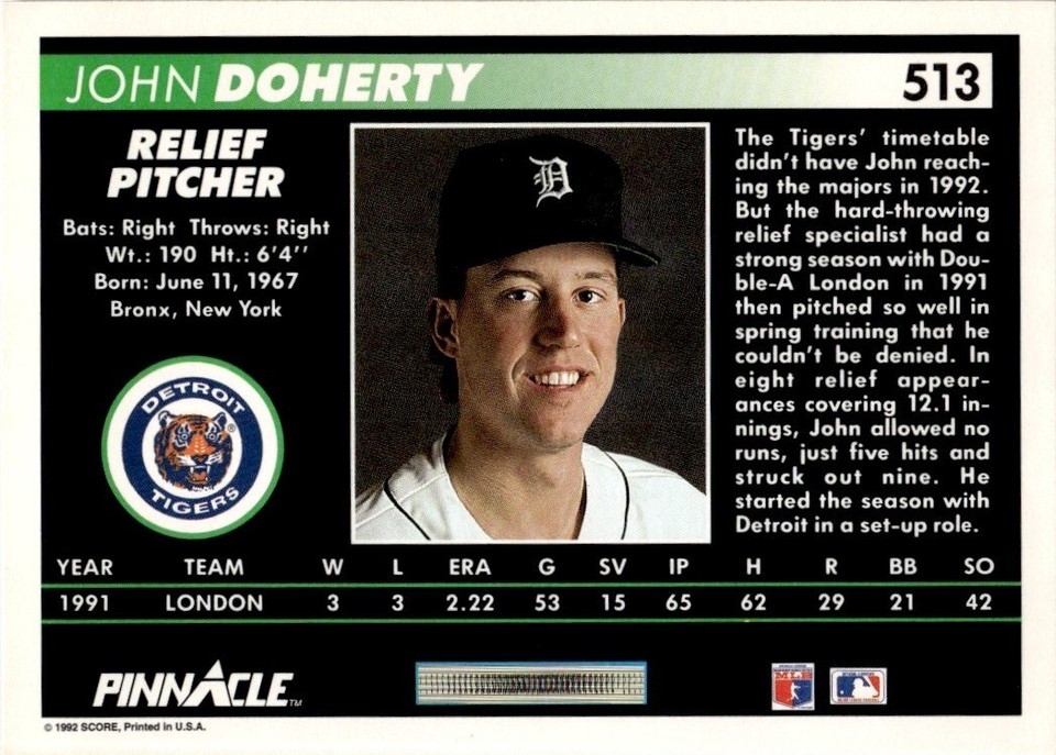 1992 Pinnacle Baseball Card John Doherty Rookie Detroit Tigers #513 | eBay