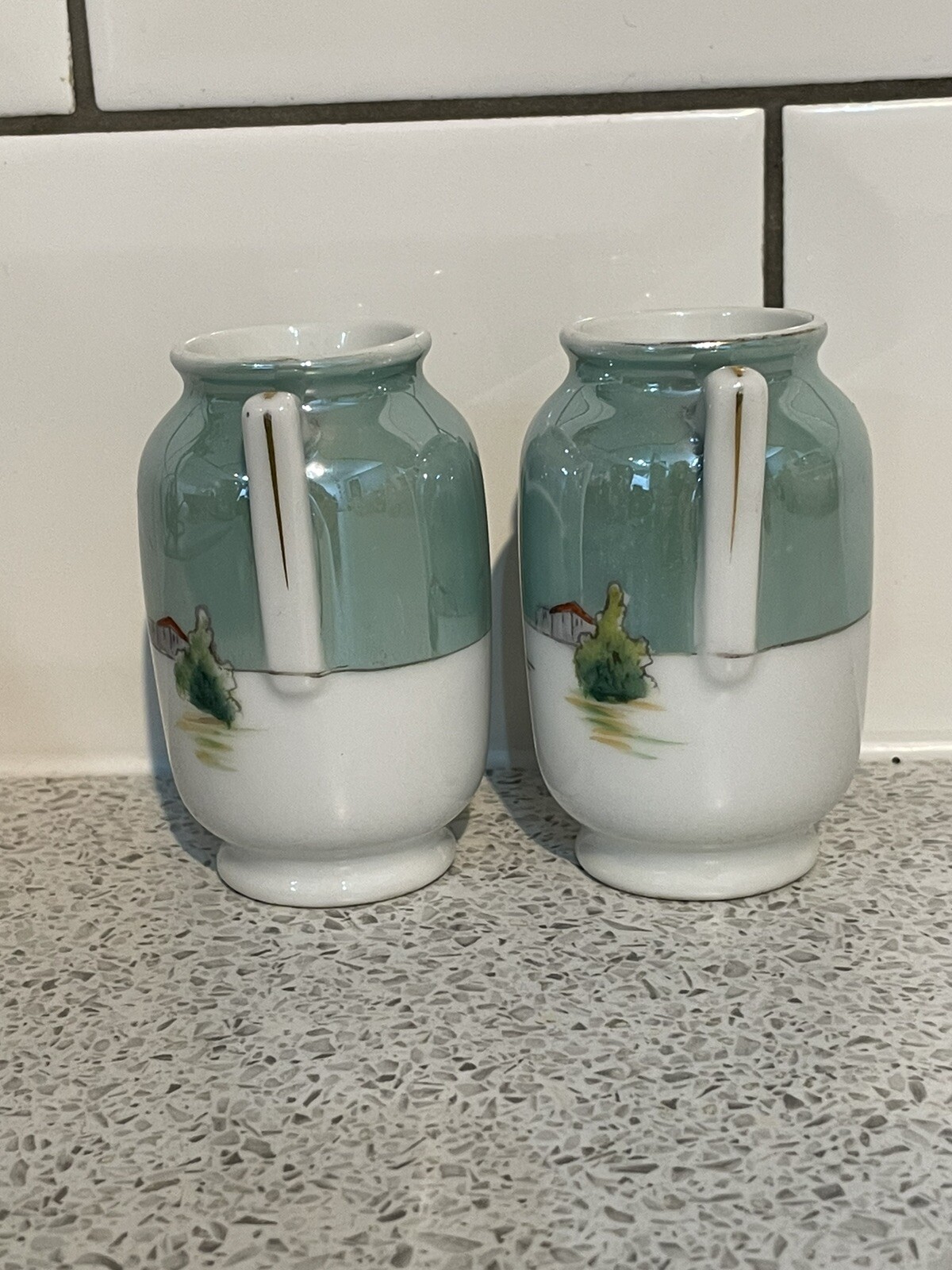 PAIR OF NORITAKE MINIATURE PALE GREEN LUSTRE VASES M IN WREATH MARK ...
