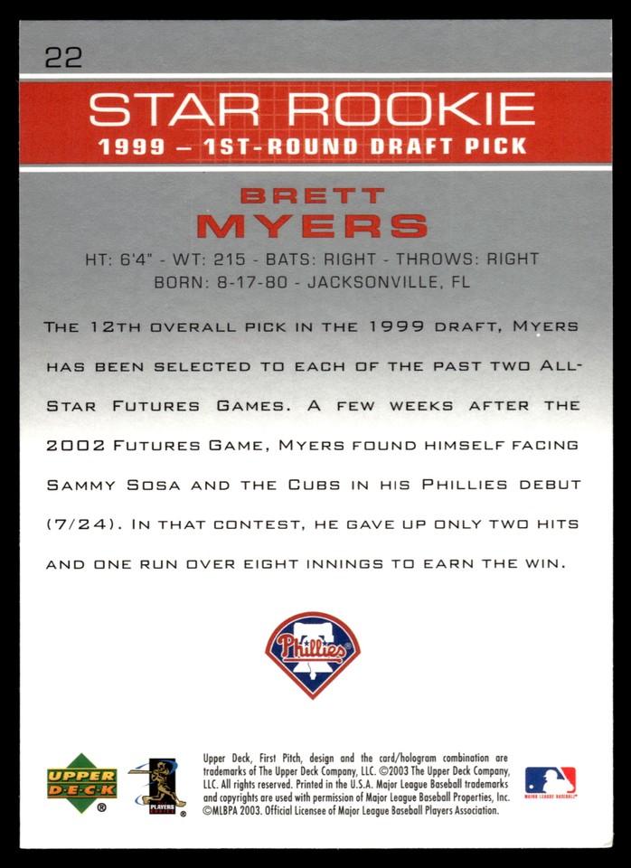 2003 Upper Deck First Pitch #22 Brett Myers Rookie Philadelphia ...