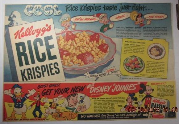 WALT DISNEY JOINIES KELLOGS RAISIN BRAN PREMIUM AD 1949 SUNDAY RICE ...