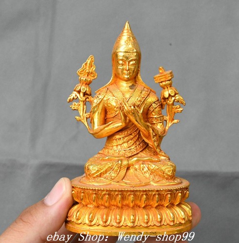 5" Old Tibet Buddhism Bronze Gilt Je Tsongkhapa Lama Guru Master Buddha ...