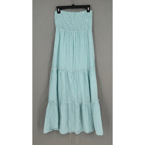 Sim Sam Dress Large Blue Check Plaid Midi Tiered Strapless Cottagecore ...