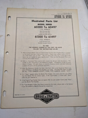 BRIGGS & STRATTON ILLUSTRATED ENGINE REPAIR PARTS LIST BOOK MANUAL ...