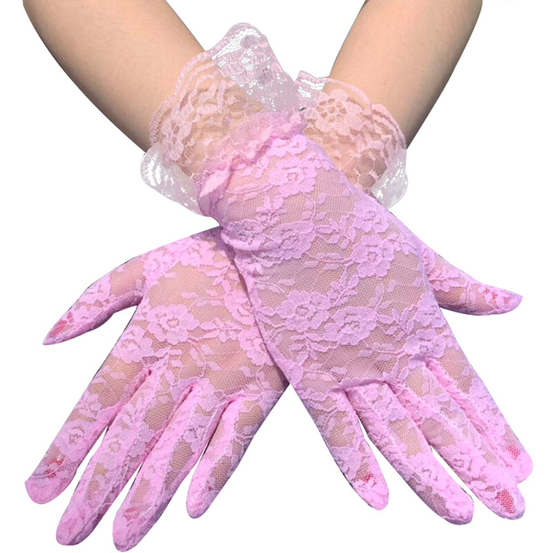 Women Sexy Short Lace Floral Finger Gloves Sheer Mesh Fancy Dress Bride ...