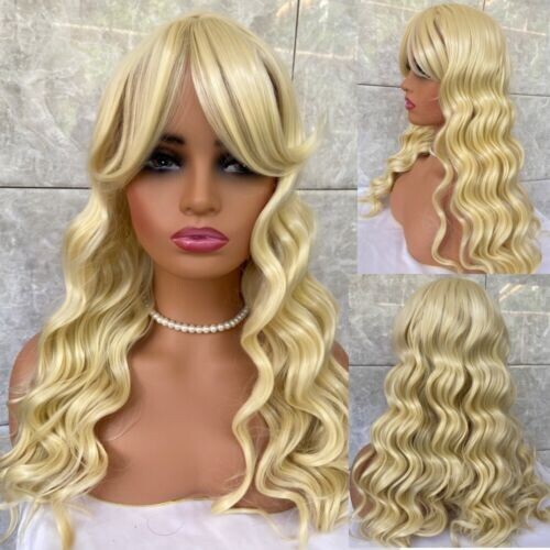 Human Hair Blend Long Beach Blonde Wavy Heat Ok Wigs With Bangs 613 ...