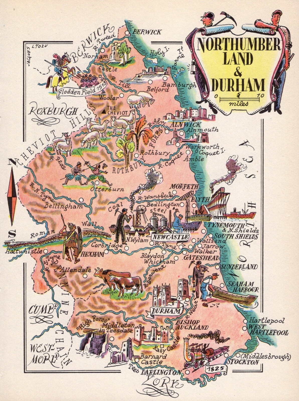 1940s Antique Animated England Map NORTHUMBERLAND England Picture Map ...
