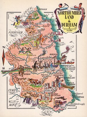 1940s Antique Animated England Map NORTHUMBERLAND England Picture Map ...