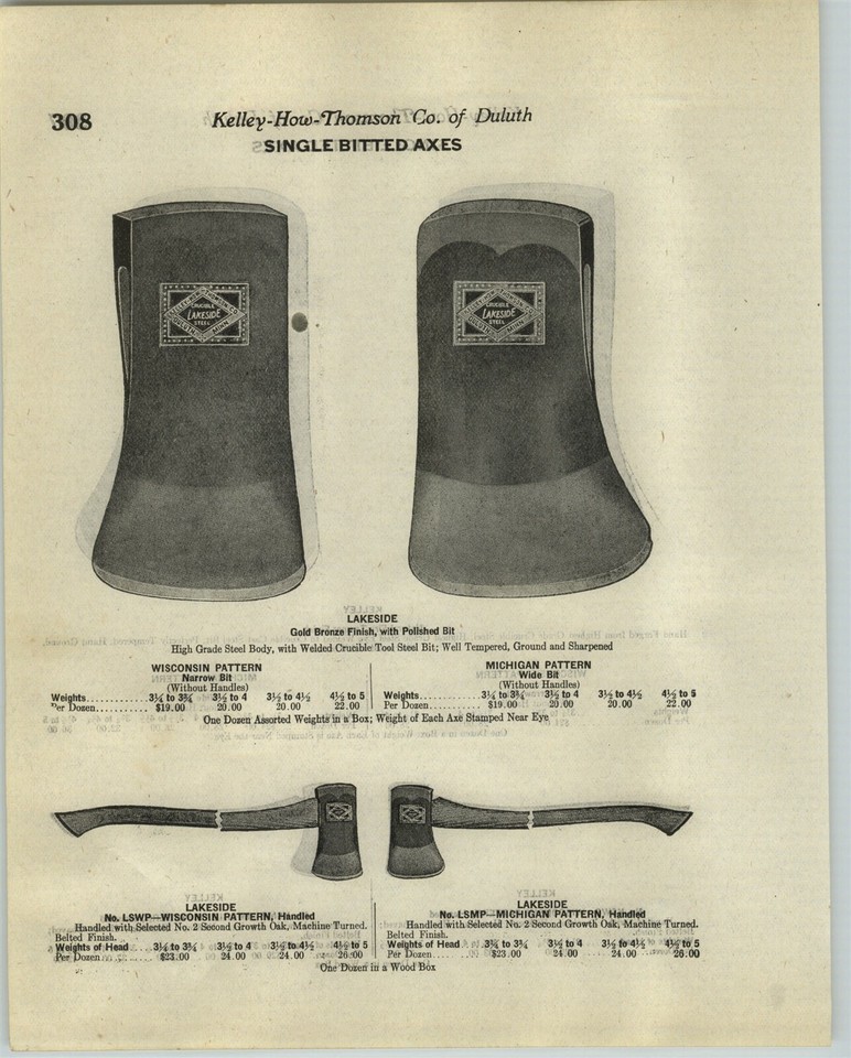 1920 PAPER AD Single Bit Axe Axes Kelley Lakeside | eBay