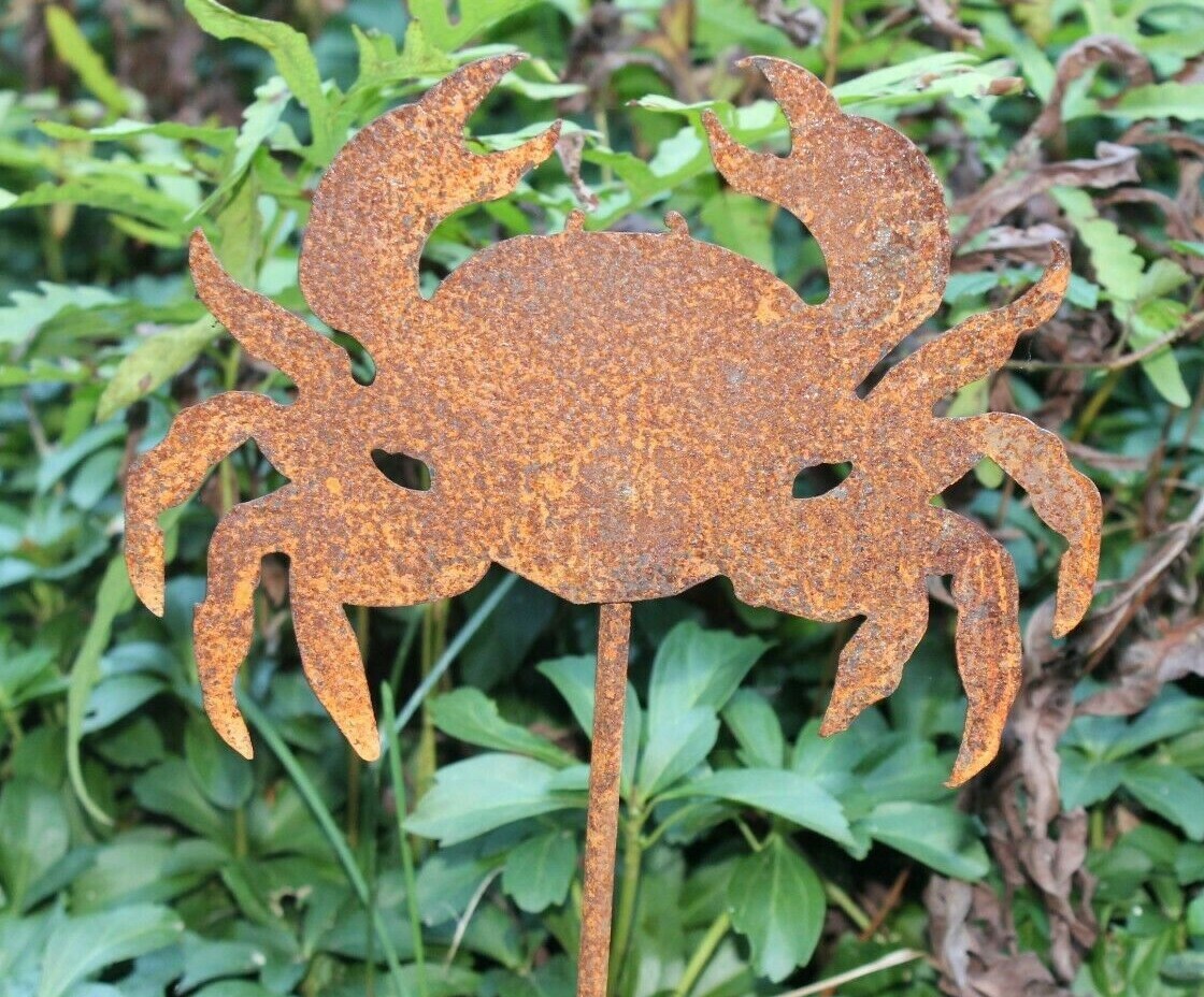 Rusty Crab Garden Sign Stake Yard Lawn Ornament Nautical Seaside Rustic ...