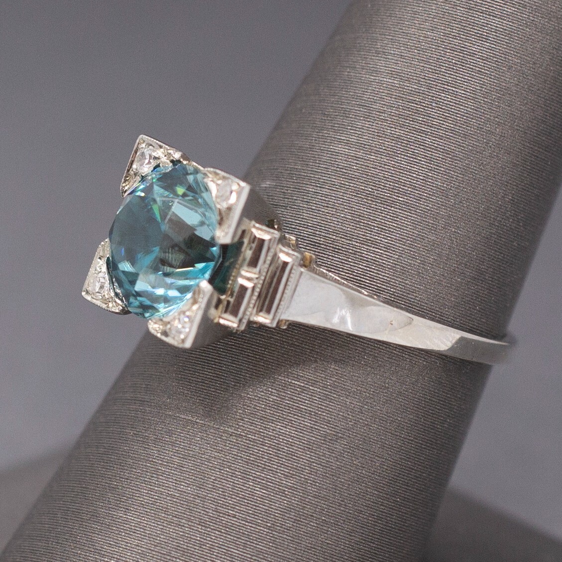 Late Art Deco Rich Dreamy Blue Zircon and Diamond Ring in 18k White ...
