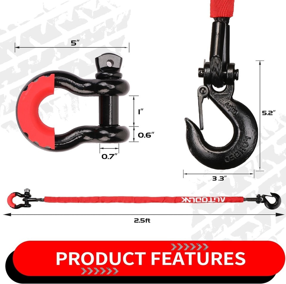 2.5FT UTV ATV Recovery Strap 19400LBS with Winch Hook and D-Ring ...