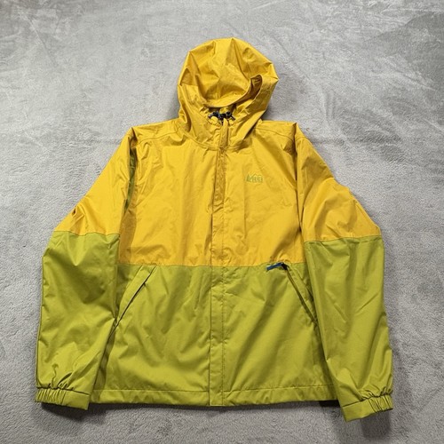 REI CO OP Rain Jacket Mens M Yellow Green Colorblock Hooded Windbreaker ...