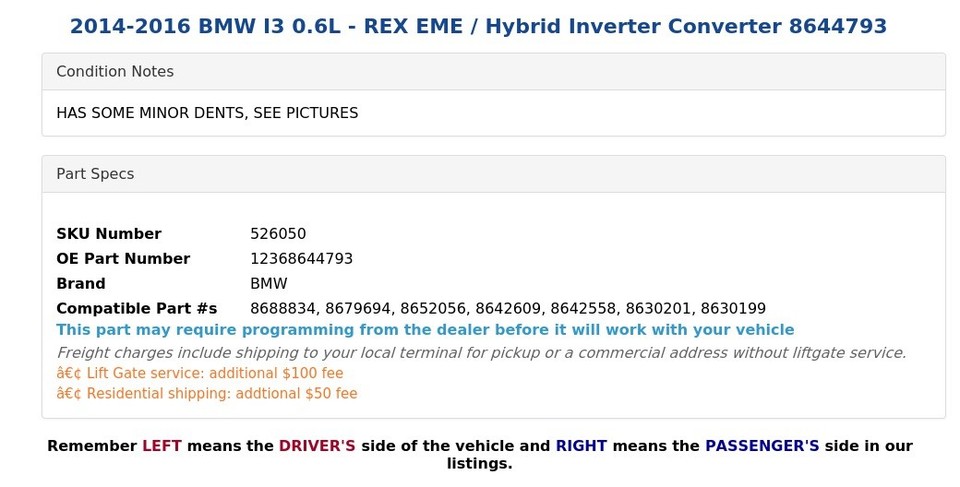 2014-2016 BMW I3 0.6L - REX EME / Hybrid Inverter Converter 8644793 | eBay