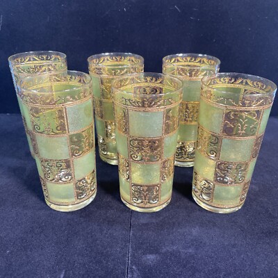 Set of 6 MCM Signed Culver Prado Gold Green Checker Highball Glasses ...