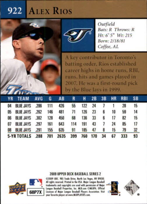 2009 Upper Deck Toronto Blue Jays Baseball Card #922 Alex Rios | eBay