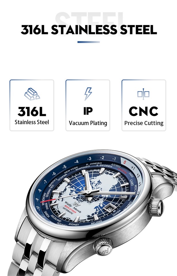 Welly Merck Automatic Mechanical Men's Watch 10ATM World Time Sapphire ...