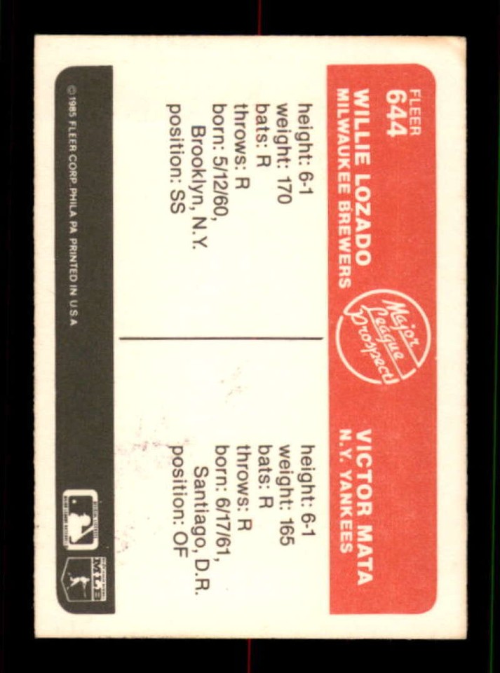 1985 Fleer #644 Willie Lozado/Vic Mata AUTOGRAPHED!!! RC Rookie ...