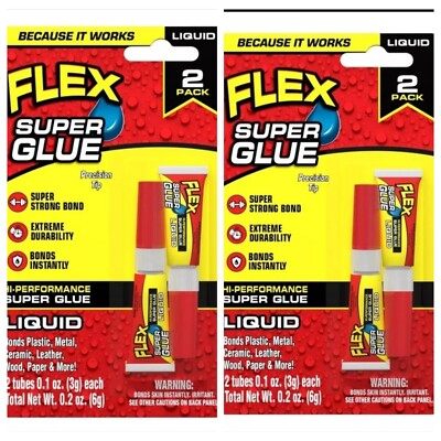 Flex Super Glue Liquid, 2pk Tubes, Clear, Instant Bond, Quick Dry Lot ...