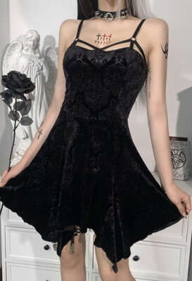 Dolls Kill Widow Goth Emo Black Embossed Velvet Dress strappy Dress S ...