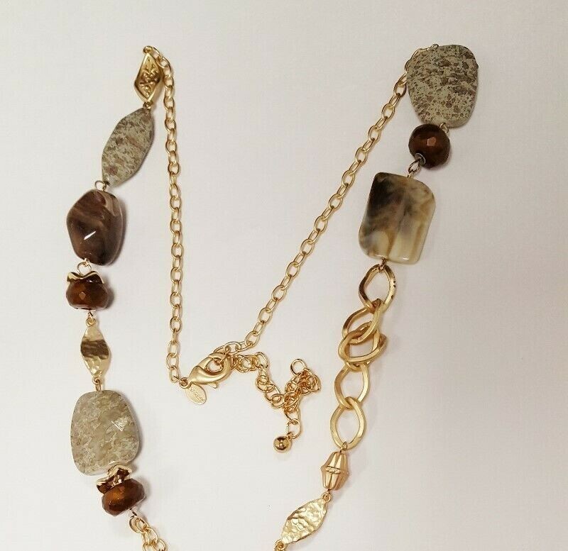 EXPRESS GOLD, BROWN & GREY BEADED TRIBAL CIRCLE PENDANT LONG CHAIN ...