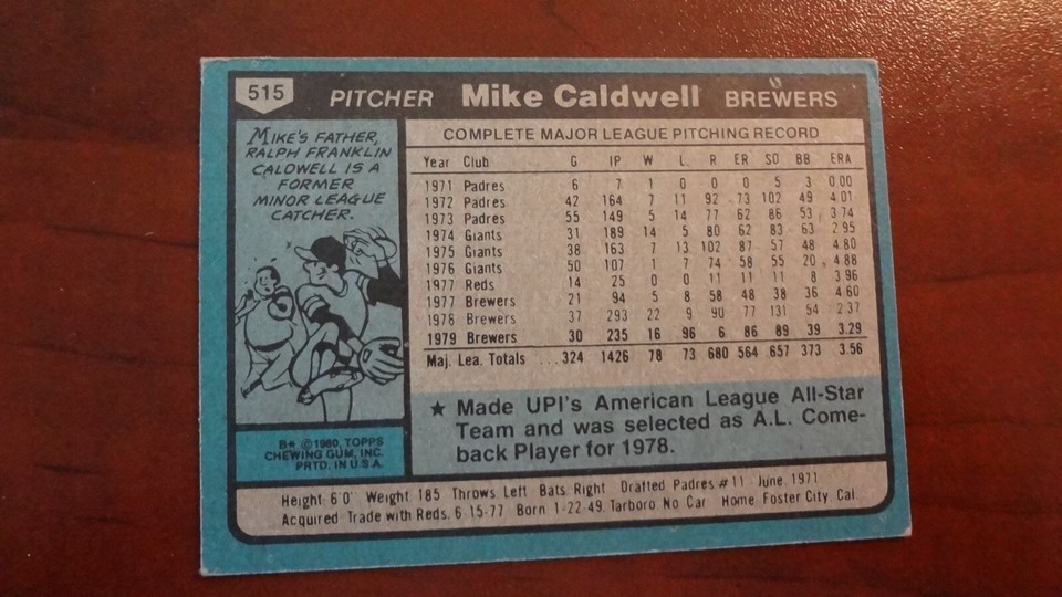 1980 TOPPS # 515 MIKE CALDWELL BASEBALL CARD | eBay