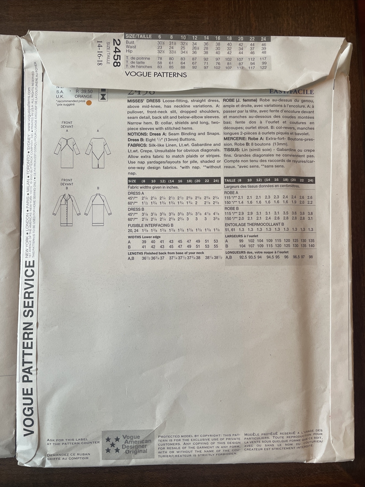 Vogue Pattern 2458 Tom and Linda Platt Vogue Designer Misses Dress 8 10 ...