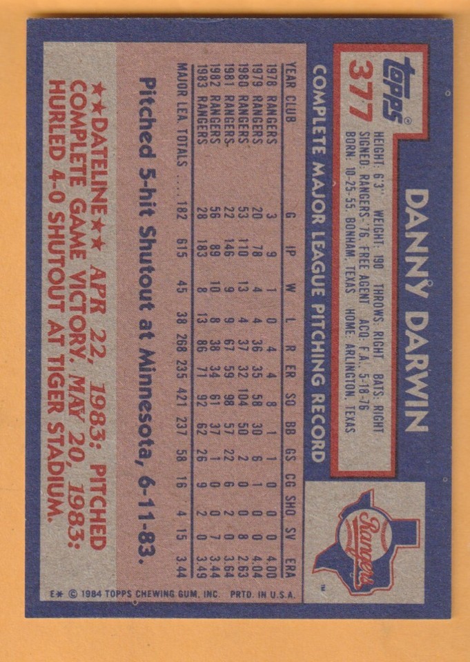 Danny Darwin Texas Rangers AUTO Signed 1984 Topps Grayson College | eBay