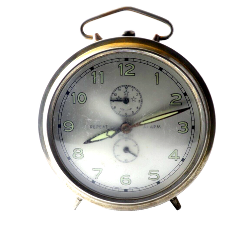 Antique Peter Repeat Alarm Clock Large Made In Germany Silver Dial Glow ...