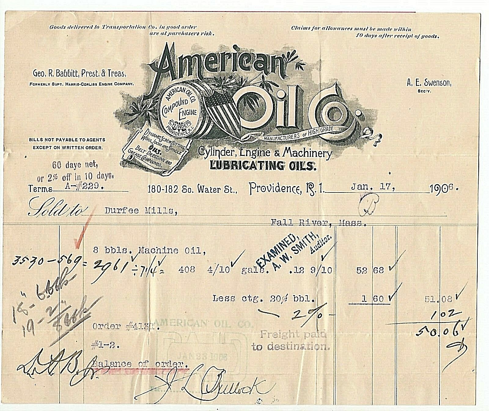 1906 AMERICAN OIL CO.~BILL/LETTERHEAD~PROVIDENCE, R.I.~CYLINDER ENGINE ...
