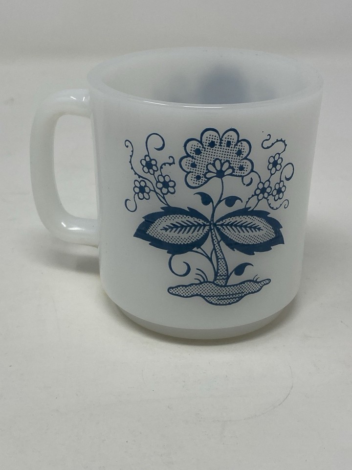 Vintage Glasbake Coffee Mug Cup Blue Onion Flower Design White Milk ...